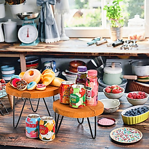 DEAYOU 2 Pack Small Wood Display Stand, 10"/ 8" Round Wooden Cupcake Pedestal, Paulownia Wood Slice Stand with Metal Leg for Plants, Rustic Wedding Cake Holder Slab Tray for Decor, Flower Pots, Table