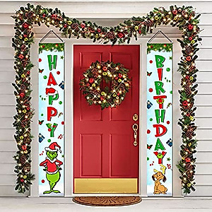 Christmas Happy Birthday Porch Sign Banner, Christmas Decorations Green Monster Door Banner Welcome Porch Sign for Front Door Outside Yard Christmas New Year Birthday Party Supplies
