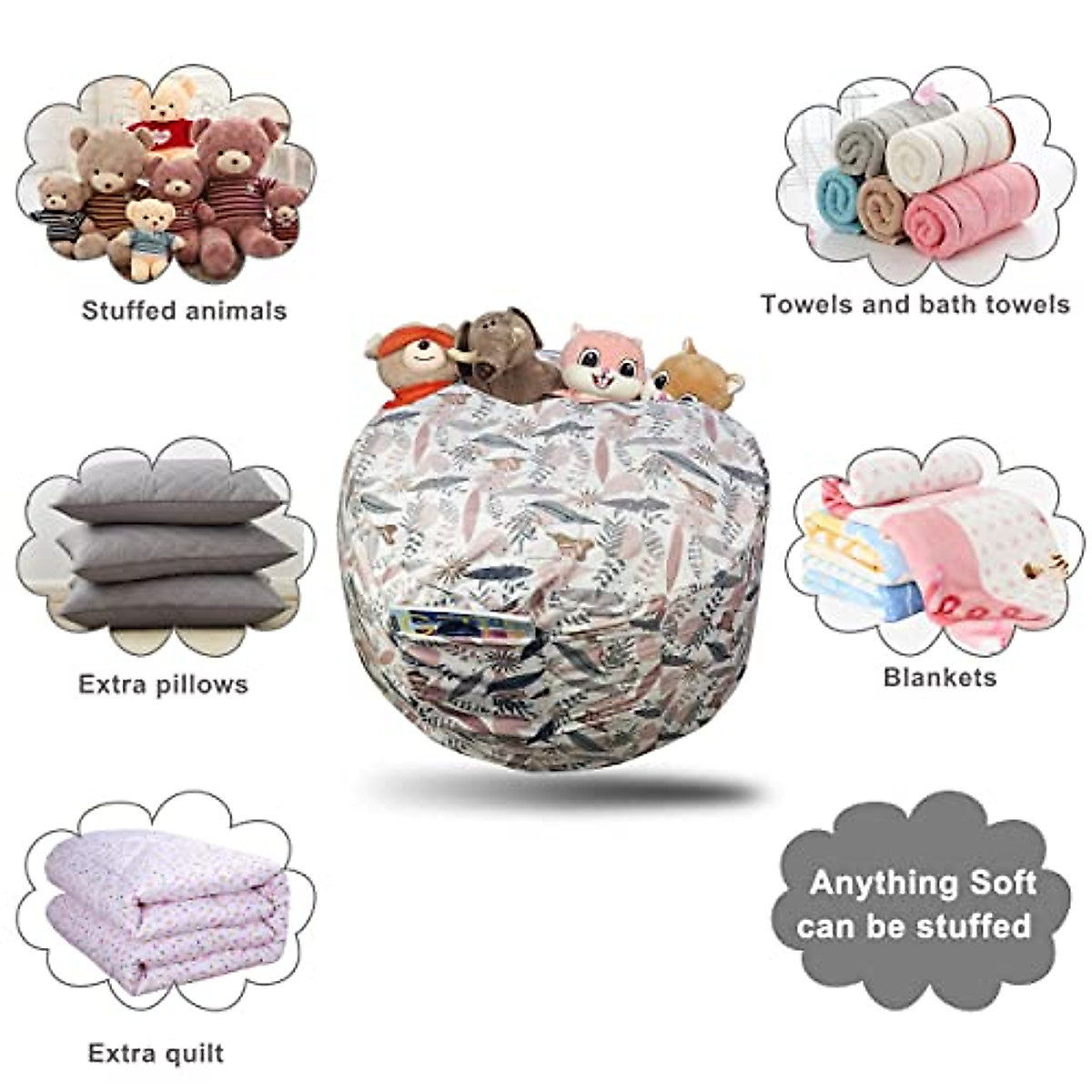 Stuffed Animal Storage, Bean Bag Chair COVER - 2 in 1 Organization Bag for kids toy storage & Bean bag chair cover (NO BEANS) for kids Teens, zipper opening, soft velvet, X-Large (34" leaves)
