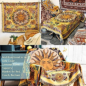 Shesyuki Boho Throw Blanket Reversible Cotton Bohemian Tapestry Hippie Room Decor Outdoor Blanket Double Sided (National Sun Pattern Yellow 50"x60")