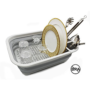 SAMMART 12L (3.17 Gallon) Collapsible Dish Drainer with Drainer Board - Foldable Drying Rack Set - Portable Dinnerware Organizer - Space Saving (Grey)