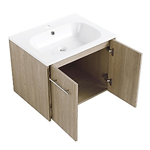 KFHSE 24 Inch Modern Set,Wall Mounted Bathroom Vanity Sink Combo with Top Basin & Soft Closing Door,Storage Wood Hanging Bath Cabinet for Small Space,White Oak