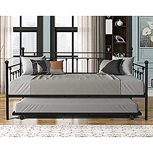 HUAYICUN Daybed with Trundle Twin Size Metal Frame Daybed and Roll Out Trundle (Black)