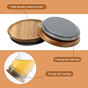 6 Pack Regular Mouth Mason Jar Lids Reusable canning lids Acacia Wooden mason jar Lids with Airtight Silicone Seal, Brown (6PCS Regular Lids)