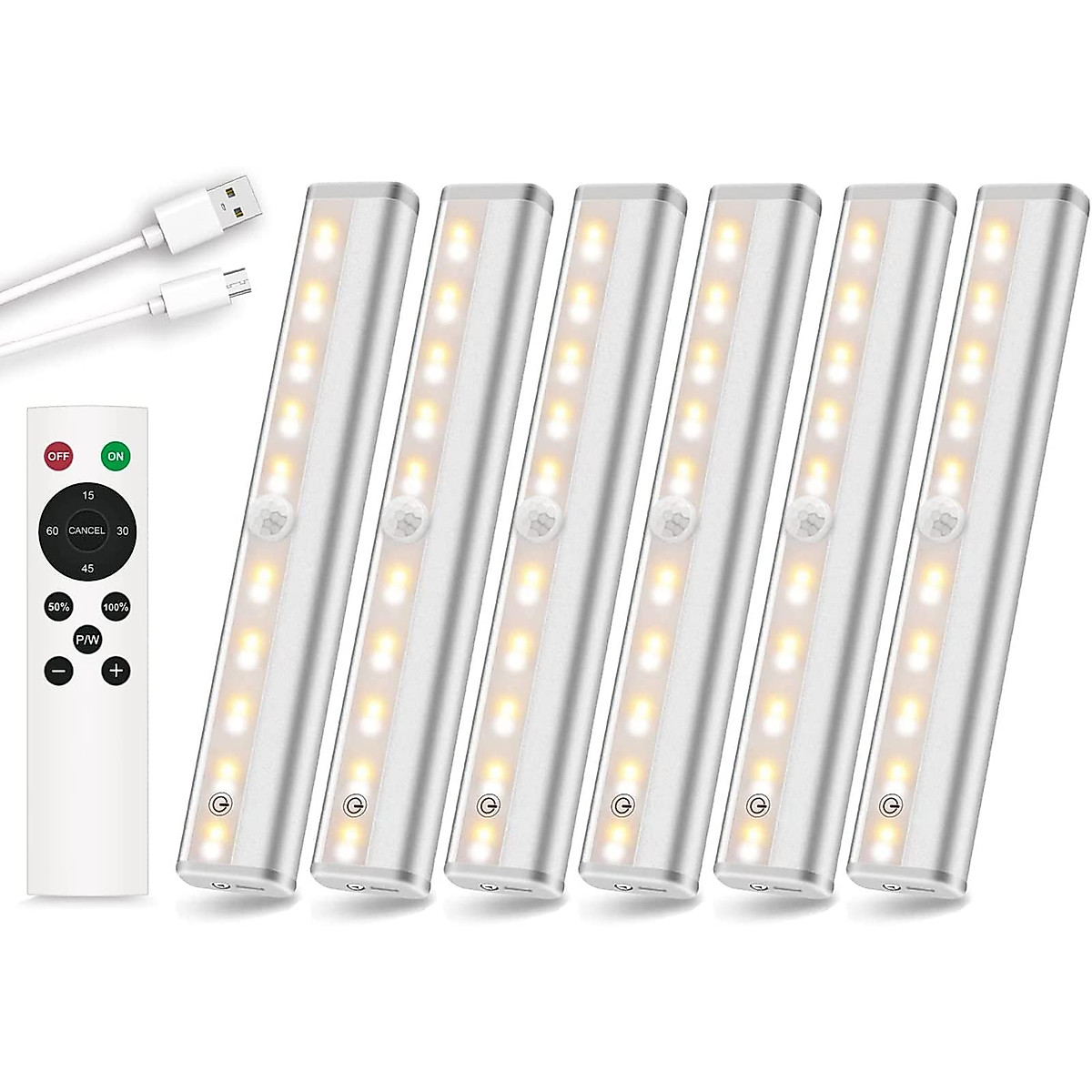 Anbock Under Cabinet Lighting Remote Control 6 Packs 20 LEDs Rechargeable Touch Lights with Timer Dimmer 3 Colors Wireless Install Easily, Perfect for Stairs Kitchen Kids Room Under Counter Closets
