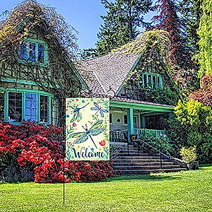 Spring Garden Flag with Welcome Quote , Burlap Double Sided Dragonfly Flower Yard Flags, Garden Flag Rustic Farmhouse Yard Outdoor Decoration (Dragonfly)