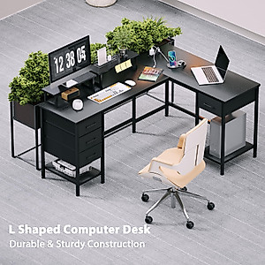 Korfile L Shaped Computer Desk with Power Outlets, Corner Desk with 2 Monitor Stands, Home Office Desk with 4 Adjustable Storage Drawers & Shelves, Large Gaming Desk for Bedroom, 59 inch, Black