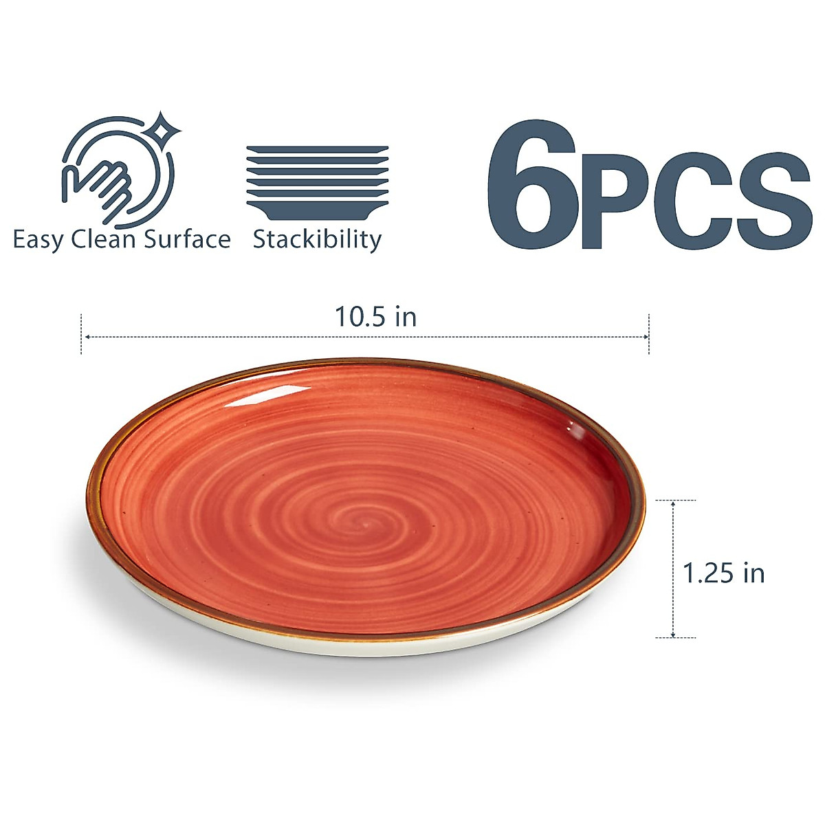 ONEMORE Dinner Plate, 10.5 Inch Porcelain Dinnerware Set/Oven, Dishwasher and Microwave Safe/Farmhouse Style/Stackable and Easy to Clean (Set of 6, Red)