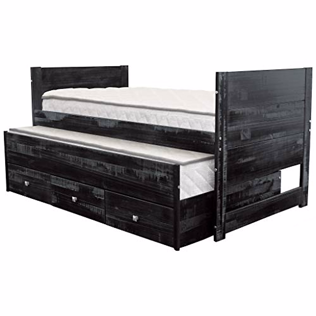 Bedz King All in One Twin Bed with Twin Trundle and 3 Built in Drawers, Weathered Black