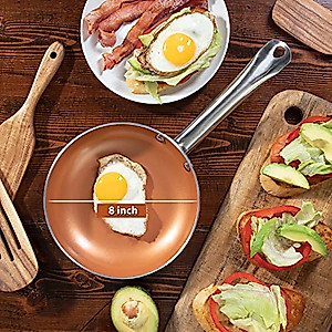 FOOD BOUTIQUE Copper Nonstick Ceramic Frying Pan with lid – 8-inch Egg Cooking Pan with tamper glass lid