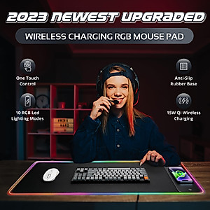 Ingenious Minds RGB Gaming Mouse Pad with Wireless Charging, Large Gaming Mouse Pad with 15W Fast Charging, 10 Colors LED Light, Premium and Non Slip Surface for Gaming, Desks, PC, and Office.