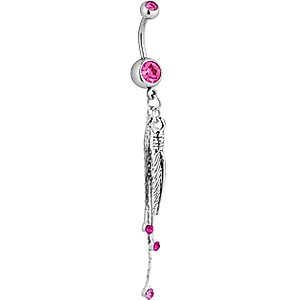 Surgical Steel Pink Jeweled Feather and CZ Chains Dangle Belly Button Ring