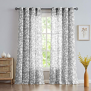 Treatmentex White and Grey Curtains for Bedroom 84" Length Semi-Sheer Print Leaf Curtains for Living Room Windows, Grommet Top, 2 Pack