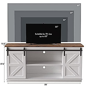 JUMMICO Farmhouse TV Stand up to 65 Inches, Mid Century Modern Entertainment Center with Sliding Barn Doors and Storage Cabinets, Metal Media TV Console Table for Living Room Bedroom (Bright White)