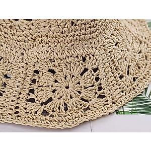 Women Straw Sun Hat Floral Woven Crochet Bucket Hat Y2k Aesthetic Accessories Beach Hat Hand Woven Boho Foldable Cap (Beige,One Size)
