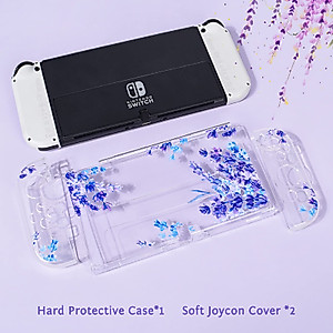 DLseego Floral Flower Case for Nintendo Switch OLED with Cute Purple Lavender Pattern for Women Girls, Anti-Scratch Dockable Clear Hard Shell Soft Shock-Absorption TPU Joy Con Cover