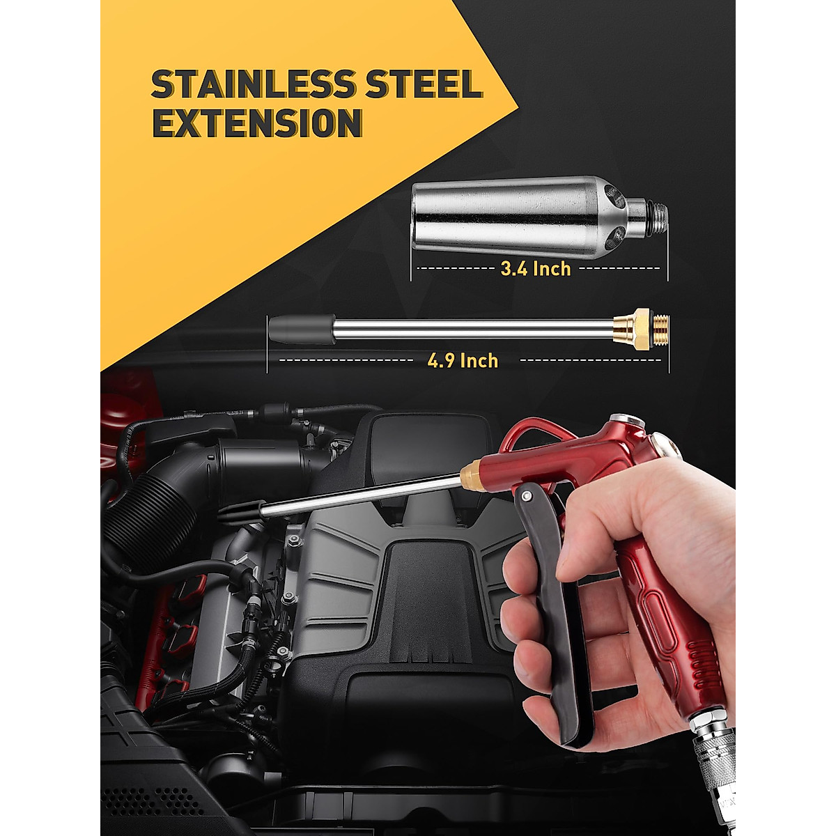 High Volume Air Blow Gun with Powerful Flow Nozzle, Retro Red Air Nozzle Blower Gun with 4.9" Stainless Steel Extension & 1/4'' Standard Quick Plug, Pneumatic Tool for Air Compressor Accessories