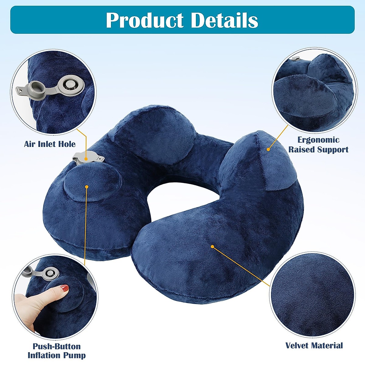 Self-Inflatable Travel Pillow with Eye Mask Earplugs Compact Bag, Inflatable Neck Pillow Support for Sleeping and Traveling, Airplane Pillow for Long Flight, Neck Cushion for Car Home Office Train