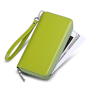 JEEBURYEE Women's RFID Blocking Large Capacity Luxury Oil Wax Genuine Leather Zip Around Wristlet Wallet Clutch Multi Card Holder Ladies Purse Green