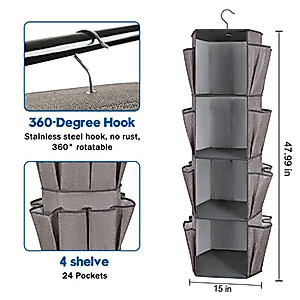 coastal rose Rotating Closet Organizer with 24 Pockets,4-Tier Hanging Shoe Organizer for Closet, Hanging Closet Organizers and Storage Shelves, Space Saving Closet Shelf, Grey
