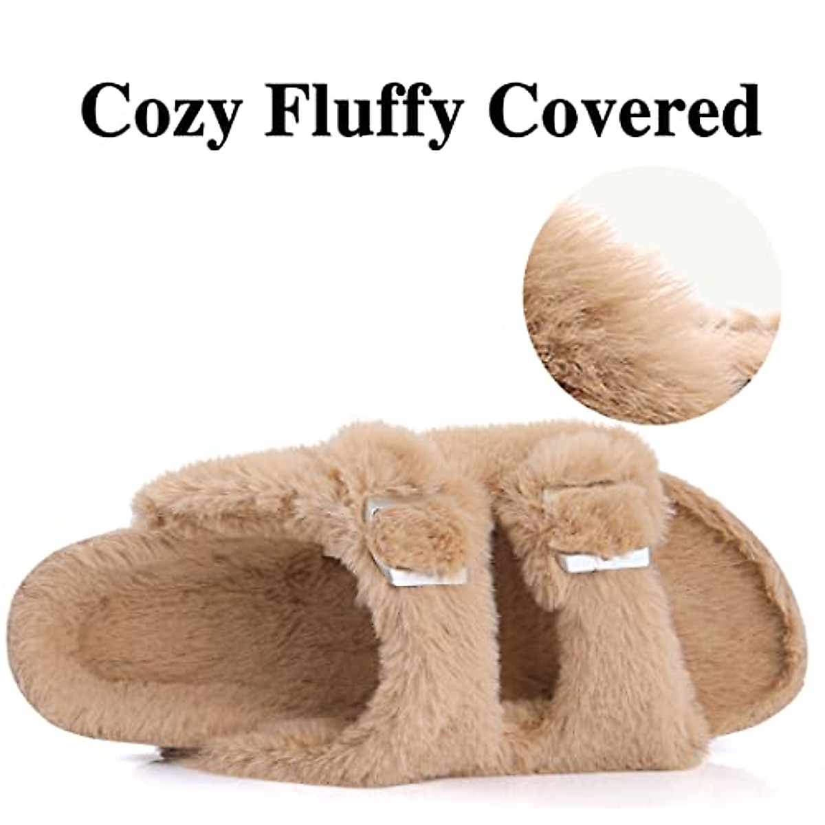 KIDMI Fuzzy House Slippers for Women with Arch Support Adjustable Straps Fluffy Bedroom Slippers Cork Fur Slides for Bride, Khiki 8