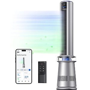 Dreo Air Purifier Tower Fan, 45" 2-in-1 Smart Fan for Bedroom, 27ft/s Velocity, 120°Oscillation, 24H Timer Bladeless Fans for Home, 25dB Low Noise, Standing Fan Works with Alexa, MC710S, Silver Blue