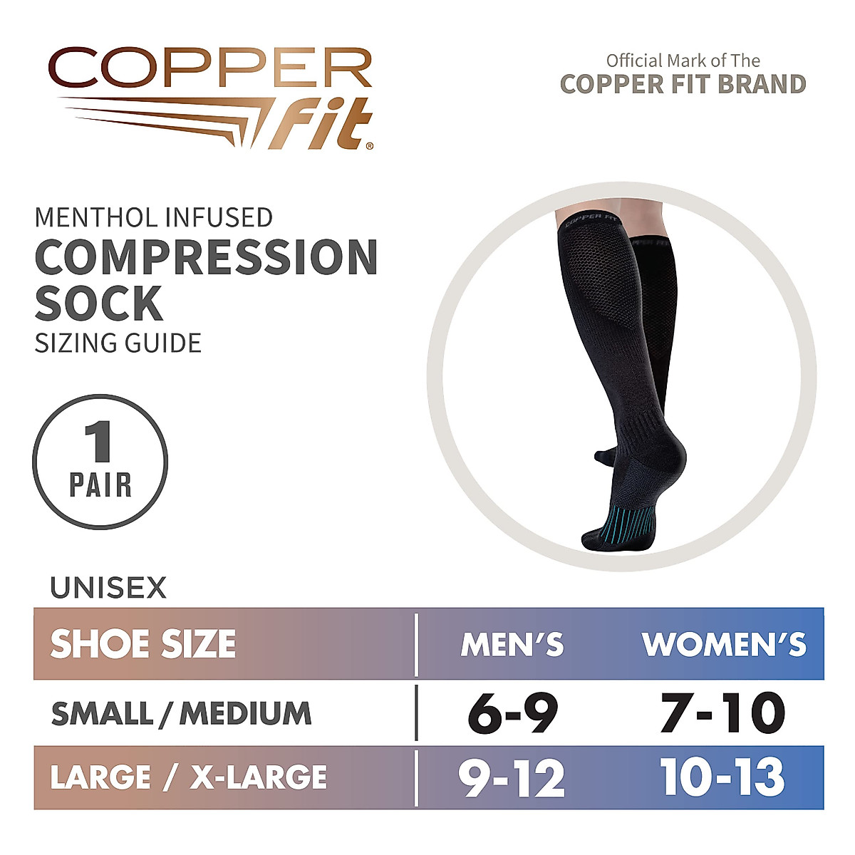 Copper Fit womens Ice Menthol Infused Compression Socks, Black, Small-Medium US
