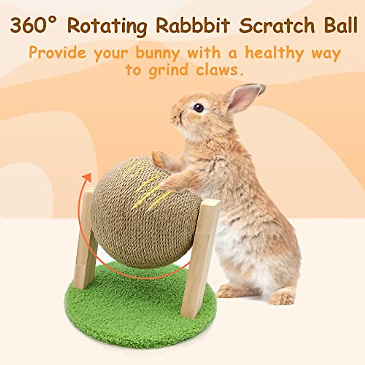 BNOSDM Rabbit Scratch Toy Natural Sisal Wood Rabbit Scratching Ball Toy Bunny Scratcher with Ball for Indoor Rabbits Bunnies Kittens Ferrets Chinchillas Small Animals (Medium)