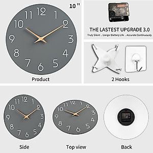 Mosewa Wall Clock Silent Non-Ticking Wall Clocks Battery Operated - 10 Inch Wood Modern Simple Clock Decorative for Kitchen, Bedroom, Bathroom, Office, Living room (Gray)