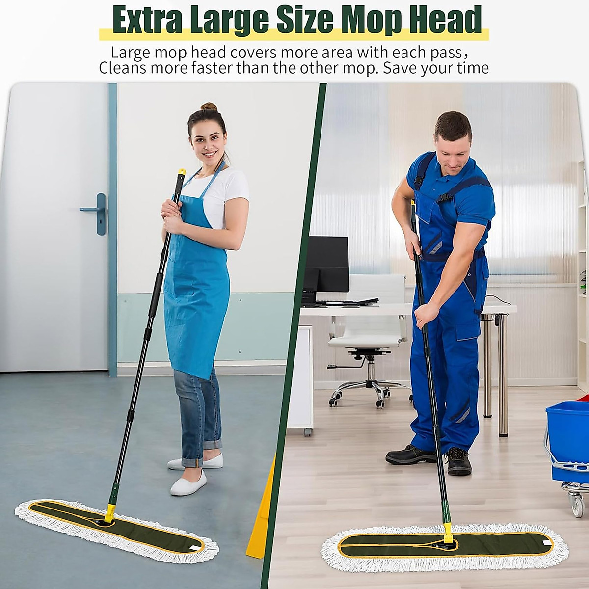 OTDOGUO 36inch Commercial Dust Mop Pads for Floor Cleaning, Cleaning Office Garage Hardwood Warehouse Factory Mall 2PCS Green