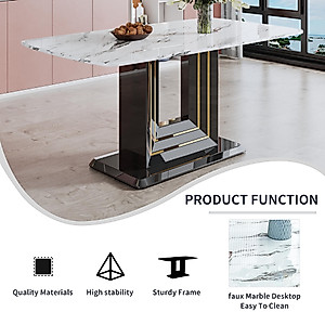 WIIS' IDEA 63" White Marble Dining Table for 4-6 People with GRP Kitchen Rectangular Table Top,Black MDF Legs,Modern Home Kitchen Table,Easy Assembly(White)