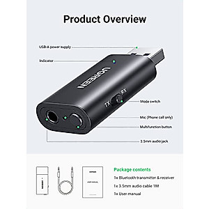 UGREEN Bluetooth 5.1 Transmitter Receiver 2 in 1 Wireless USB Bluetooth Adapter Built-in Microphone 3.5mm Audio Bluetooth Dongle Driver Free for TV, Home Stereo, Car Stereo, Headphones, Speakers, PC