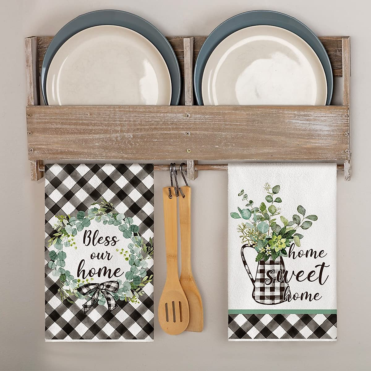 Artoid Mode Buffalo Plaid Eucalyptus Home Sweet Home Kitchen Towels Dish Towels, 18x26 Inch Seasonal Decoration Hand Towels Set of 4