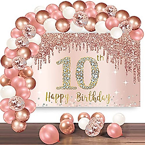 Happy 10th Birthday Banner Backdrop Decorations with Confetti Balloon Garland Arch, Rose Gold 10 Birthday Banner Balloon Set for Girls, Pink 10 Year Old Bday Poster Photo Booth Decor