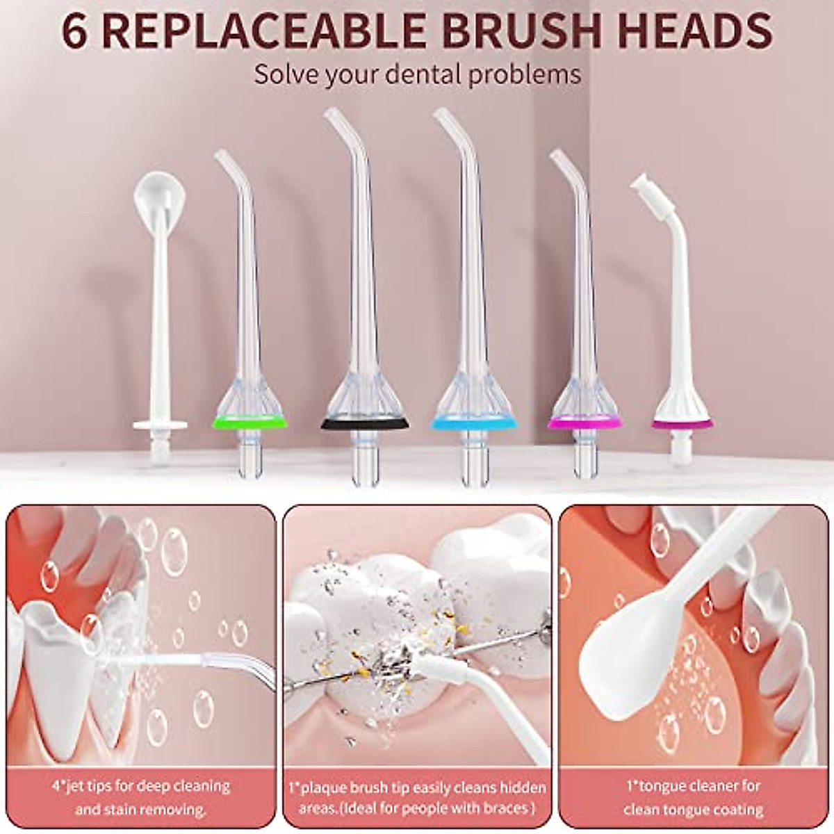 Water Flosser for Teeth, 200ML Cordless Water Flosser with 360°Rotable Nozzle, 3 Flossing Modes IPX7 Waterproof 6 Jet Tips Water Picks,Rechargeable Portable Water Flosser for Home & Travel (Pink)