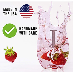 Monogram Etched 17oz Stemless Wine Glass (Letter J) A-Z Personalized gifts for Women, Custom wine glasses, Monogrammed Birthday gift for Her Initial