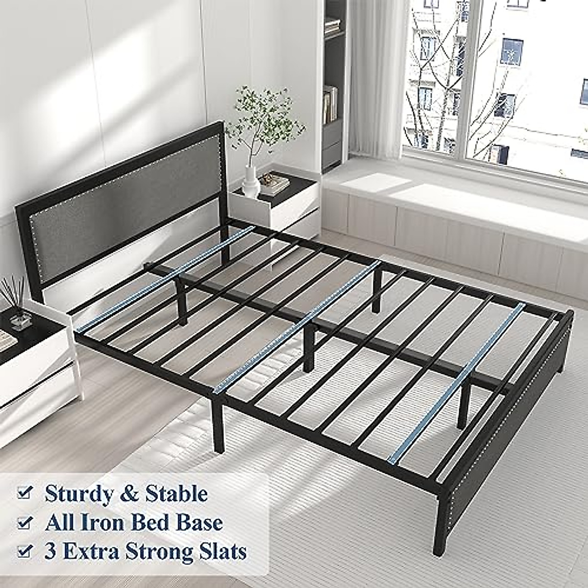 VECELO Full Size Bed Frame with Linen Fabric Headboard and Footboard, Heavy-Duty Platform with Strong Steel Slats, No Box Spring Needed, Easy Assembly, Grey