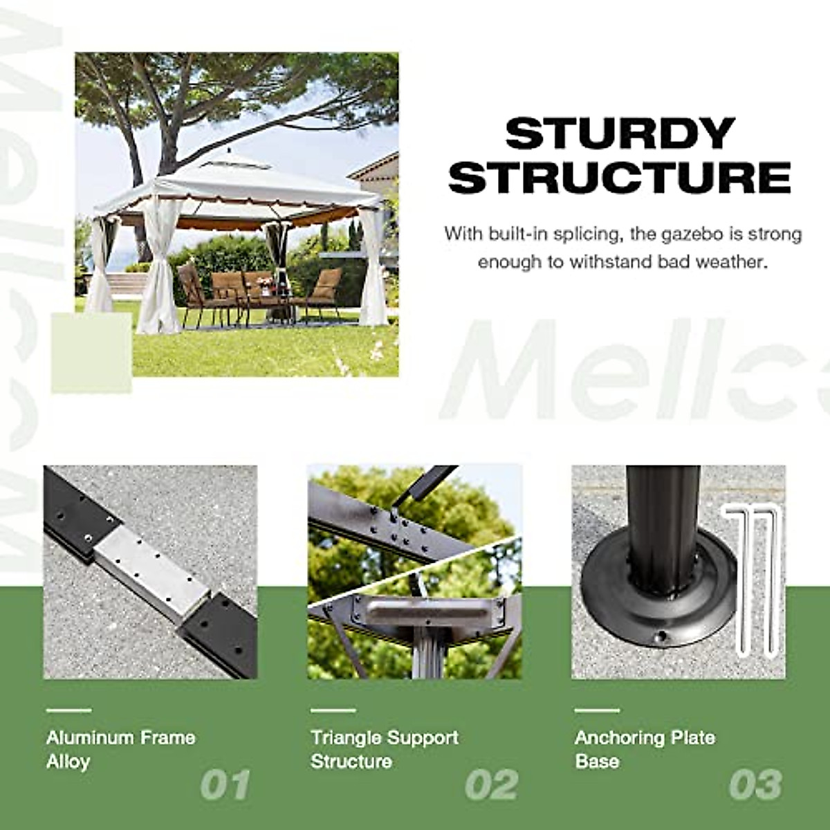 MELLCOM 10’ x 12’ Outdoor Gazebo Canopy, Aluminum Frame Soft Top Outdoor Patio Gazebo with Polyester Curtains and Air Venting Screens Cream