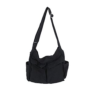 Canvas Messenger Bag Large Crossbody Bag with Multiple Pockets Canvas Shoulder Tote Bag for Women and Men (Black)