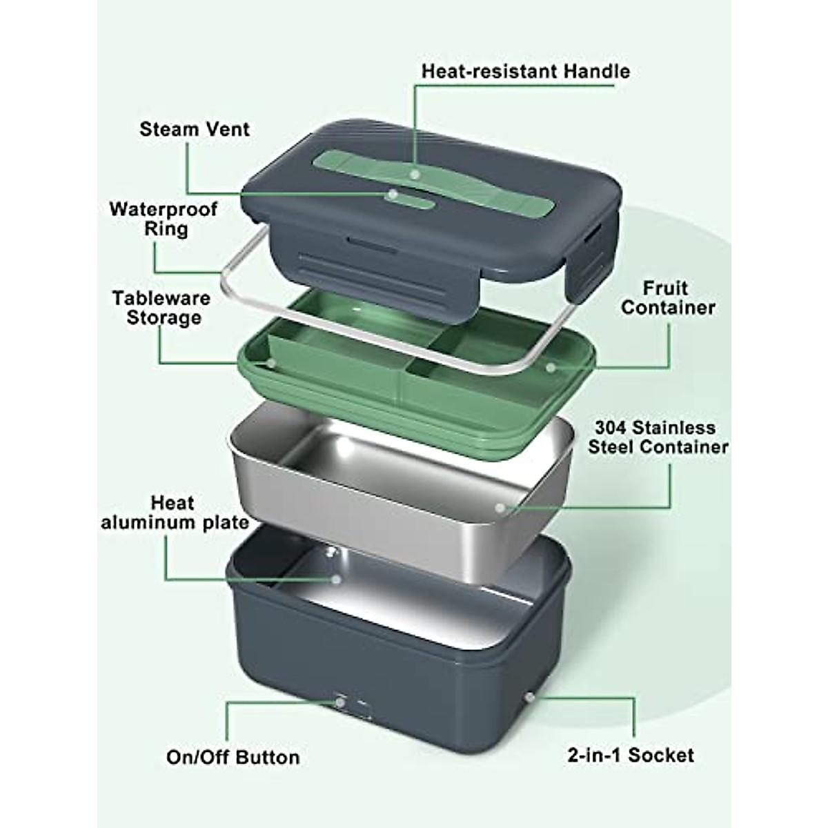 Monteka Electric Lunch Box Food Heater Upgrade 60/80/100W Double Layer Portable Food Warmer, 12V/24V/110V Heated Lunch Box for Adults Car Truck Home with 1.8L Removable Stainless Steel Container