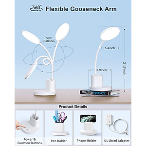 Sailstar Small Desk Lamp, LED Desk Lamps for Home Office, Eye-Caring Study Desk Light for Kids, Touch, 3 Lighting Modes, Adjust Brightness, 800LM, 360°Gooseneck Desk Lamp for College Dorm Room, White