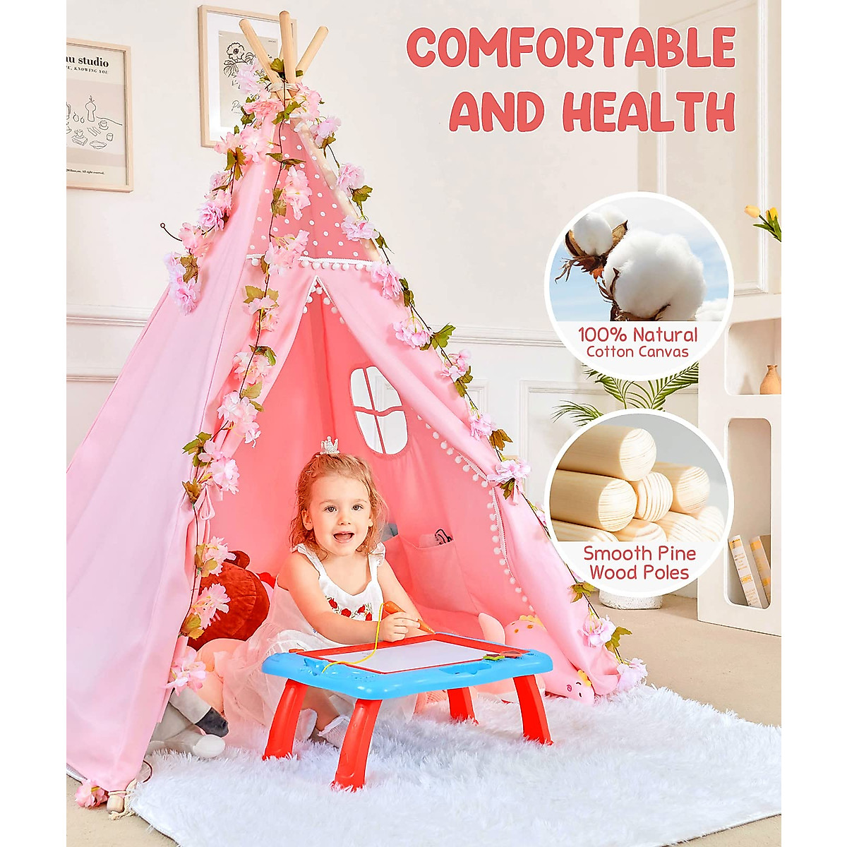 Gamenote Teepee Tent for Kids, Cotton Canvas Toddler Tents with Mat, Inner Pocket, Unique Reinforcement Part, Foldable Kids Play Teepee, Gifts Indoor Outdoor Playhouse for Baby Girls Boys