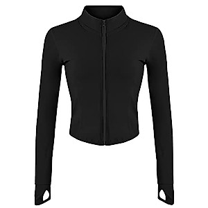 Gacaky Women's Athletic Jacket Lightweight Full Zip Up Yoga Jacket Cropped Workout Slim Fit Tops with Thumb Holes Black M