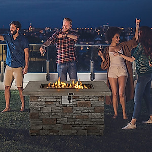 Giantex Propane Fire Pit Table - 2-in-1 Outdoor Rectangle Fire Table W/Volcanic Rock & PVC Cover, Stainless Steel Burner, 50,000 BTU Heat Output, Faux Stone Surface, 43.5” Gas Fire Pits for Outside