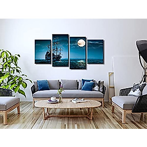 Pyradecor Night Navigation 4 Piece Modern Stretched and Framed Seascape Artwork Giclee Canvas Prints Moon Pictures Paintings on Canvas Wall Art for Living Room Bedroom Home Decorations