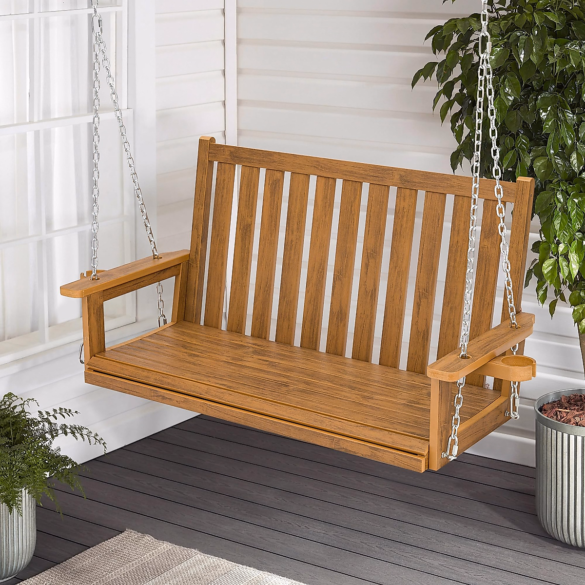 Poly Lumber Porch Swing with Cup Holders, 18/8 Stainless Steel Hanging Chains and Hardware, High Backrest and Deep Contoured Seat, Heavy Duty 900 LBS, All-Weather Resistant Bench Swing (Brown)