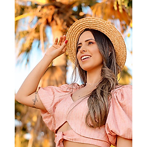 Boater Hats for Men Women Straw Skimmer Hat Wide Brim Halloween Christmas Costume(Black Band)