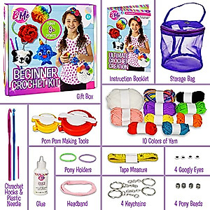 DIY All in One Crochet Knitting Kit for Beginners Starter Arts & Craft Set for Kids Teens Tweens & Adults – How to Learn Make Your Own Yarn Pom Poms – Birthday Gift for Kids Ages 8+