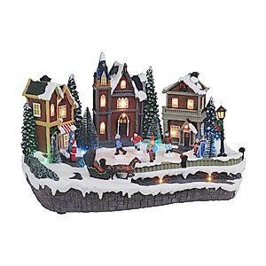 Large Animated Christmas Village Skating Town - Lighted Resin Musical Snow Scene with 4 Moving Skaters and Adapter