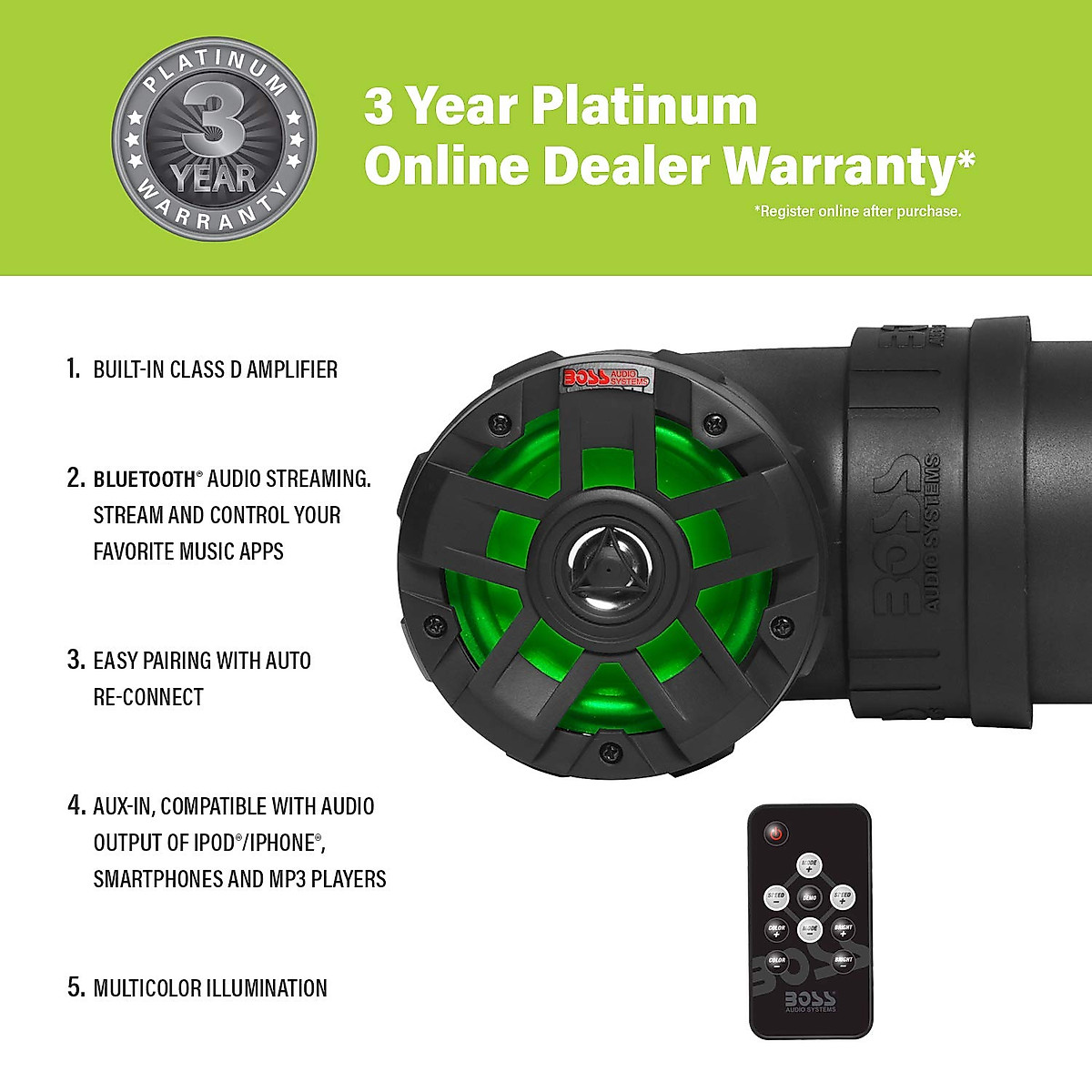 BOSS Audio Systems UTV4BRGB ATV UTV Weatherproof Sound System - 4 Inch Stereo Speakers, 1 Inch Tweeters, Built-in Amplifier, Full Range, Bluetooth, Multi-Color Illumination